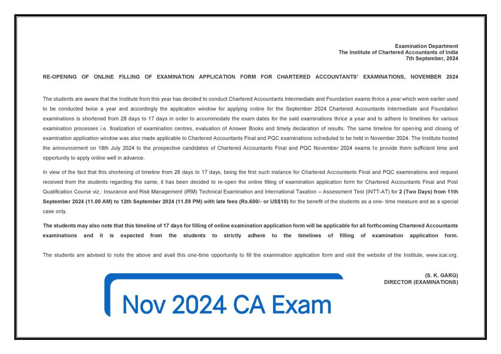 The ICAI has announced the Re-Opening of Examination Application Forms ...