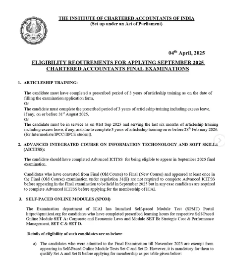 ICAI Releases CA Final Eligibility, SPOM Criteria for September 2025 ...