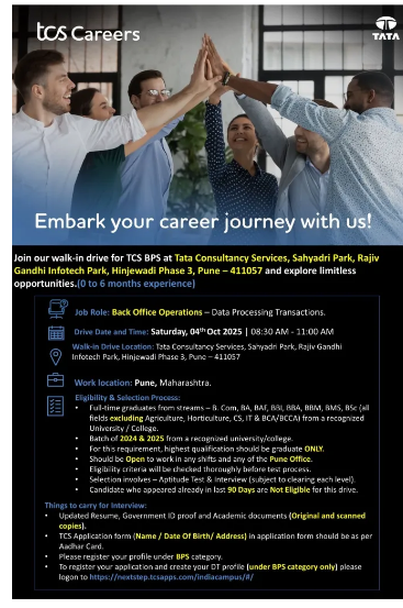 Tata Consultancy Services (TCS) Walk-in Drive for Freshers on 04th ...
